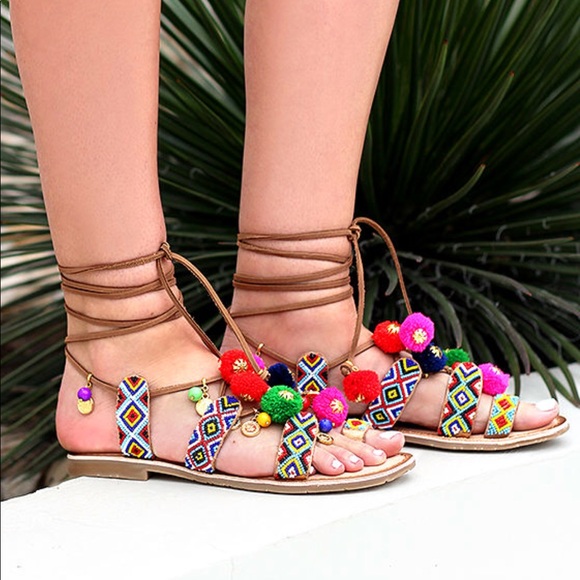 Chinese Laundry | Shoes | Cognac Leather Lace Up Gladiator Pom Pom ...